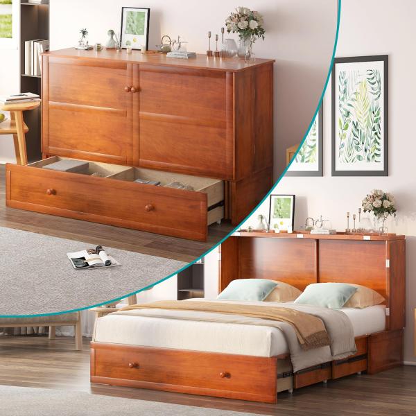 商品名:  BALUS Murphy Cabinet Bed, Queen Murphy Bed with Tri-fold Mattress, Charging Stations, Wooden Cabinet Chest Beds wi...