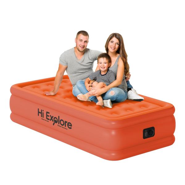 商品名: Hi Explore (ハイエクスプローラー) エアマットレス ツイン ポンプ内蔵 快適 プラッシュ 自己膨張マットレス 空気注入式マットレス ポータブルエアベッド 自宅 ゲスト キャンプ用 (オレンジ 高さ18インチ) Hi E...