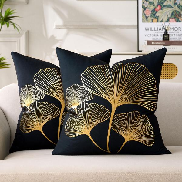 商品名: BONSTRAP ゴールドイチョウの葉 装飾用クッションカバー 装飾ブラッククッションカバー 18x18 リーフパターン スタンダードアクセント 枕カバー 2枚セット モダンなホームデコレーション 寝室 リビングルーム ソファベッ...