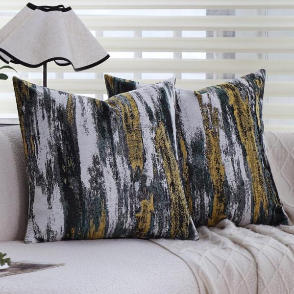 商品名: CANIRICA モダンアーティスティックインクテクスチャジャカードスローピローカバー2-18x18インチ(45x45cm)ソファ&amp;カウチ用色あせ防止織クッションカバー、耐久性のあるホームデコレーション(グリーン) CAN...