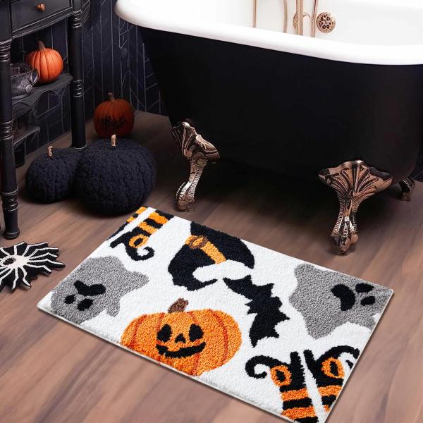 商品名: Spooky Witchy ハロウィン バスマット 幅16インチ x 長さ24インチ マイクロファイバー 不気味なパンプキンコウモリ 幽霊 魔女の帽子と靴 ハロウィン バスルームマット 装飾 滑り止め 洗濯可能 楽しいゴシック シ...
