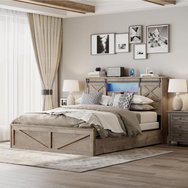 商品名:  Farmhouse Queen Bed Frame with Storage Drawers &amp; Bookcase Headboard - LED Lights, USB Charging Station, Slidin...