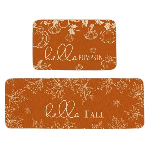 商品名: ONWAY 秋 キッチンマット 2枚セット 17x29 17x47インチ Hello Pumpkin ノンスリップラグ ロープロファイル秋キッチンフロアマット 素朴な農家 感謝祭 季節の装飾 ホーム玄関シンク用 ONWAY Fal...