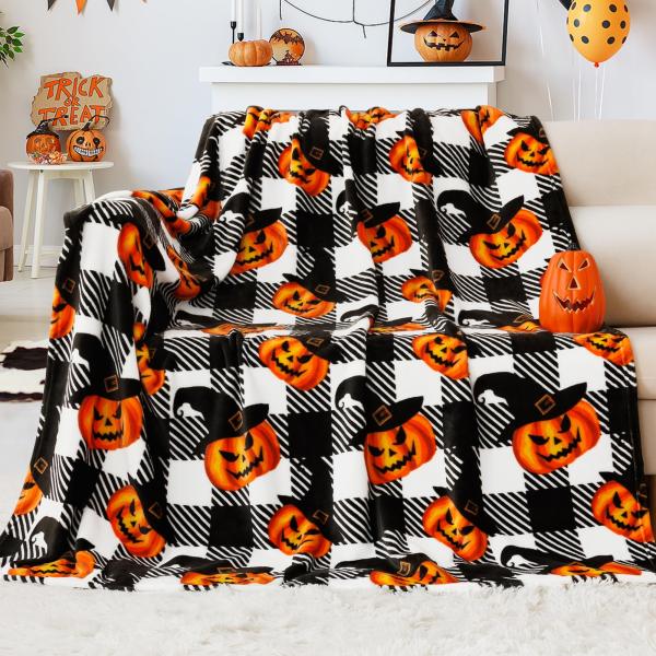 商品名: Touchat ハロウィンブランケット、フリーススローブランケット、カウチソファベッド用バッファローチェックブランケット、ソフトで暖かいふわふわの心地よいプラッシュチェックブランケット、ファームハウスの秋の装飾、ブラック Touc...