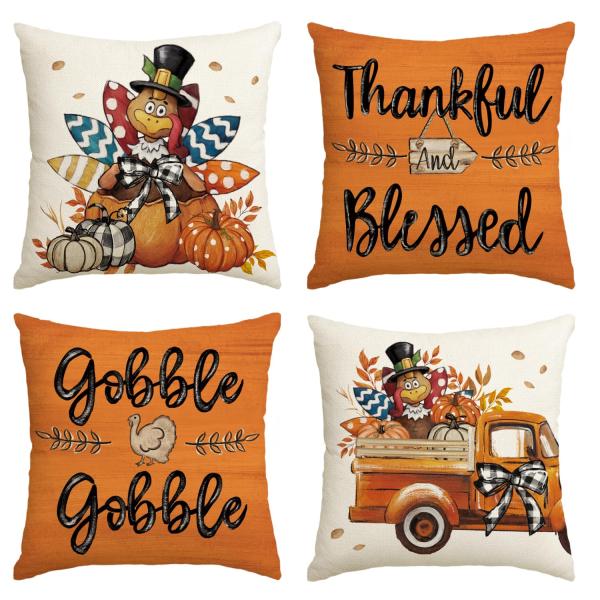 商品名: AVOIN colorlife サンクスギビングゴブルターキーハーベストスローピローカバー、16 x 16インチ Thankful and Blessed Fall トラック パンプキン クッションケース ソファ用 4枚セット A...