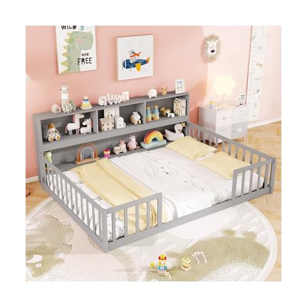 商品名:  KOMFOTT Full Floor Bed with Bookcase &amp; Shelves, Wood Bed Frame with Bedside Bookshelves &amp; Guardrails, Vers...