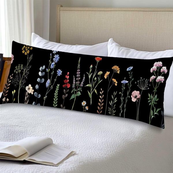 商品名: 春夏抱き枕カバー 20x54 花柄 ロングピローケース 野生の花 植物 ピローケース 封筒留め付き、花 腰枕カバー 装飾ファームハウス ベッド クッションカバー ソファ用、ブラック Spring Summer Body Pillo...