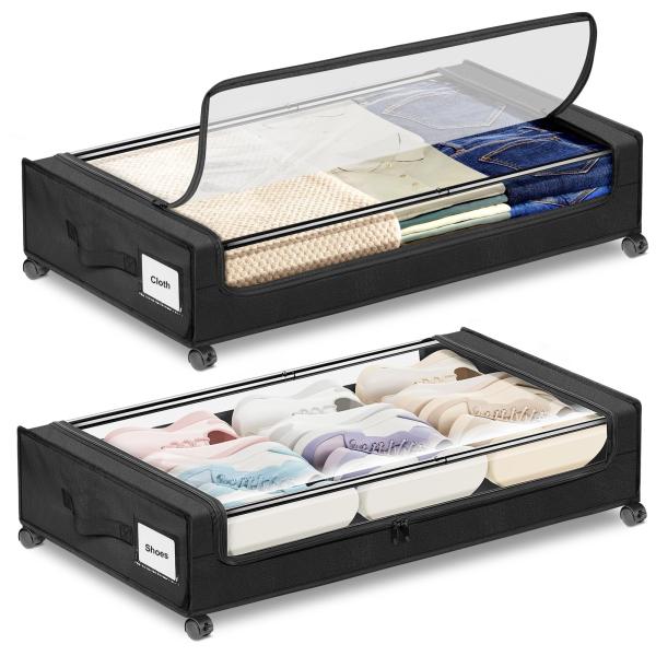 商品名: kleenhive ベッド下収納 キャスター付き 2個パック ベッド下ストレージコンテナ XXL ベッド下シューズ収納 透明な蓋付き キャスター付き キャスター付き キャスター付き 衣類用ブランケット用 引き出し簡単 ブラック k...