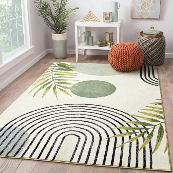 商品名: RoomTalksミッドセンチュリーモダンウォッシャブルラグ 汚れ防止、ボヘミアンキュート美的 9x12 エリアラグ 寝室 ダイニング リビングルーム オフィス用 グリーン 抽象 トロピカル 葉 屋内ラグ 植物 ボタニカルカーペッ...
