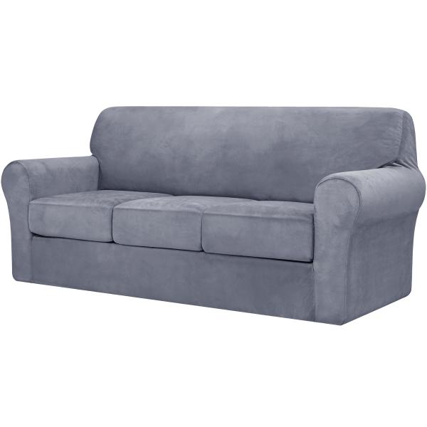 商品名: CHUN YI ベルベットカウチカバー 4点 クッションカウチ3脚用 防水 ノンスリップ ソファスリップカバー ハイストレッチ 厚手 家具プロテクター 犬 ペット用 Lサイズ グレー CHUN YI 4 Piece Velvet ...