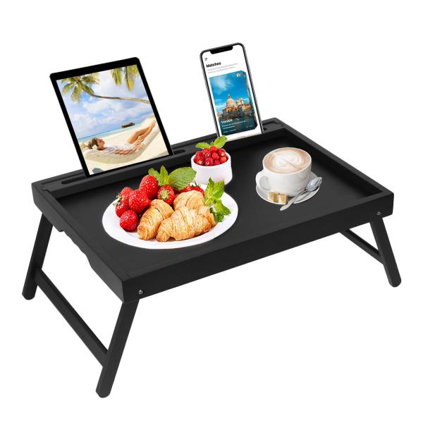 商品名: 折りたたみ式脚付きベッドトレイテーブル ソファでの食事用朝食用フードトレイ ベッド、食事、テレビトレイ、キッチンサービングトレイ用のメディアスロット付き(ブラック、ミディアム) Asuthzon Bed Tray Table wi...