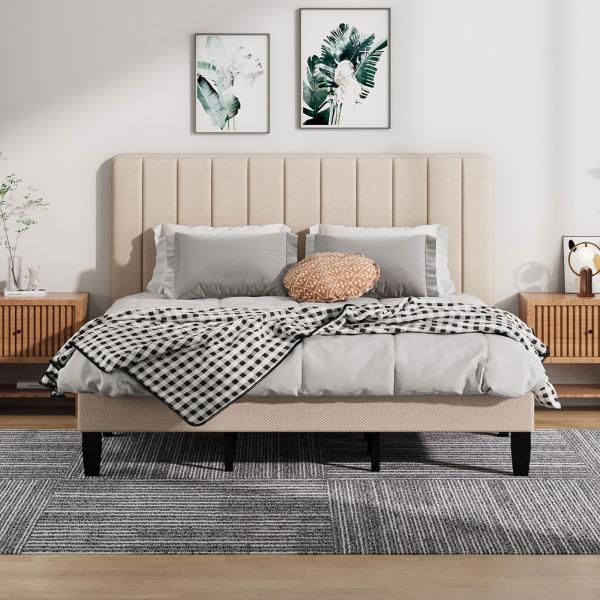 商品名:  Portaforta King Size Bed Frame with Headboard, Linen Platform Bed with Upholstered Soft Adjustable Height Headboar...