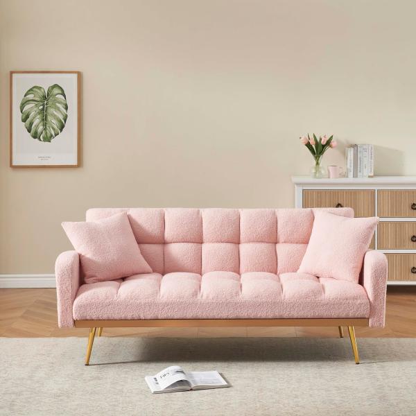 商品名:  Japovker 69" Pink Modern futon Sofa Bed, Teddy Upholstered Loveseat Sofa, futon Couch with Adjustable, 2 of Throw ...