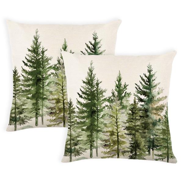 商品名: クリスマスツリー 冬 枕カバー 18x18インチ 2枚セット クリスマス装飾スローピローカバー 水彩 自然 森の装飾 ホリデー ファームハウス ピローケース ホームソファ用 クリスマス装飾 グリーン Christmas Tree ...