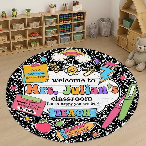 商品名:  Composition Notebook Classroom Round Rug ? Personalized Teacher Name Carpet, Round Welcome Mat for Kids, Back to S...