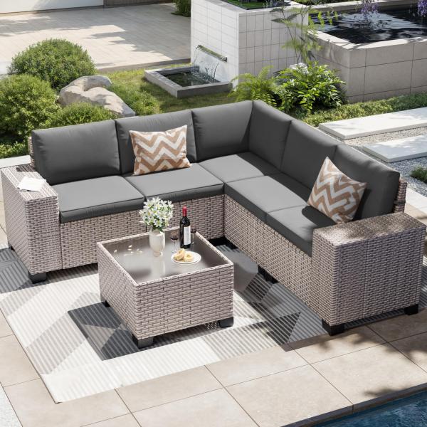 商品名: wallowsun モジュラーセクション6点セット - 屋外用家具 会話用ソファ 庭、バルコニー、芝生、プールサイド、グレー wallowsun 6-Piece Outdoor Patio Furniture Set, Modul...