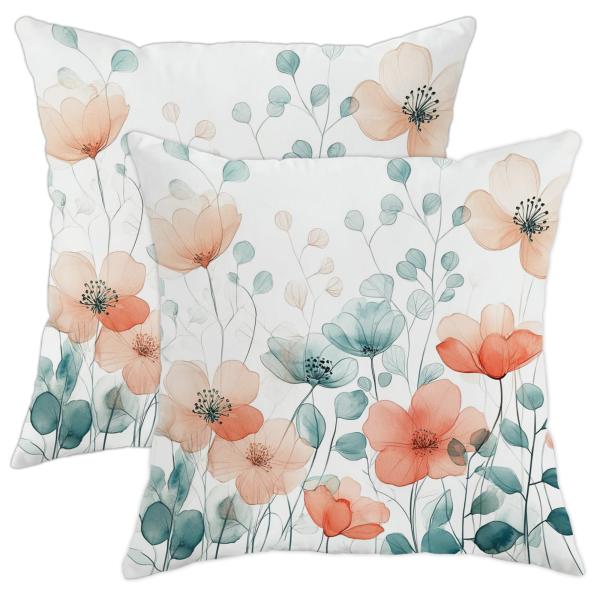 商品名:  Spring Floral Throw Pillow Covers Set of 2, Peach Orange and Teal Wild Flower Decorative Cushion Cases, Farmhouse ...