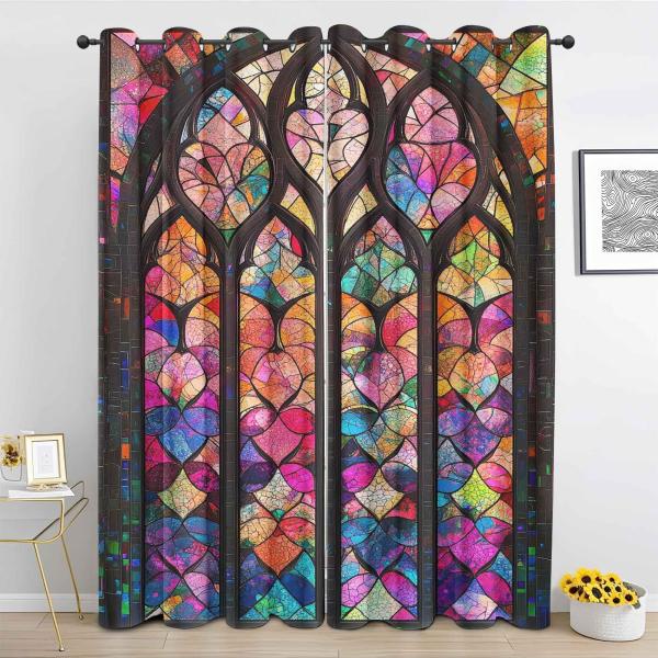 商品名:  Stained Glass Curtains 39 Inches Long 2 Panels, Medieval Vintage Bohemian Blackout Curtains for Kitchen Windows, A...