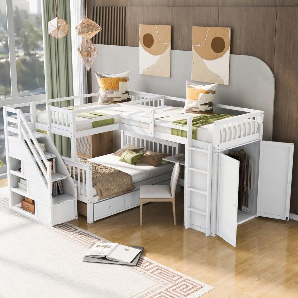 商品名:  Bellemave L-Shape Bunk Beds with Storage Stairs and Portable Desk, Wood Twin-Over-Full Bunk Bed with Wardrobe, She...