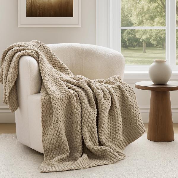 商品名: EVERGRACEHOME チャンキーシェニール織ニットスローブランケット ソファ用 ソフトで豪華なモスステッチブランケット ベッド用 居心地の良い装飾ファームハウス ソファ用ニットスロー、砂丘、60インチ x 80インチ EVE...