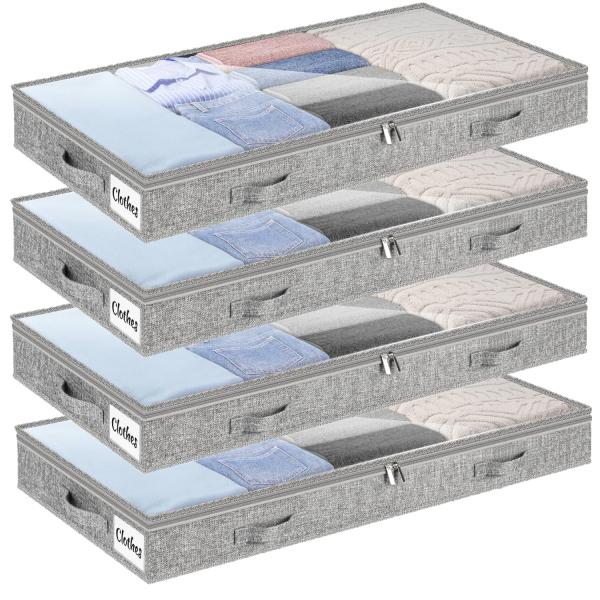 商品名: 4インチ ロープロファイル ベッド下収納 引き出し 4個パック 軽量 ベッド下 衣類収納コンテナ 容器 容器容器 積み重ねなし 浅い収納バッグ 寮や自宅用 透明な蓋と防水生地付き 4 Inch Low Profile Under ...