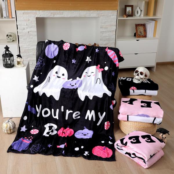 商品名: Breling ハロウィンゴーストブランケット 4枚 かわいいハロウィンバンケット 70インチx50インチ ピンクゴーストブランケット ブーバスケット詰め物 女性用 居心地の良いソフト 暖かいブランケット 自宅 キャンプ ブーバス...