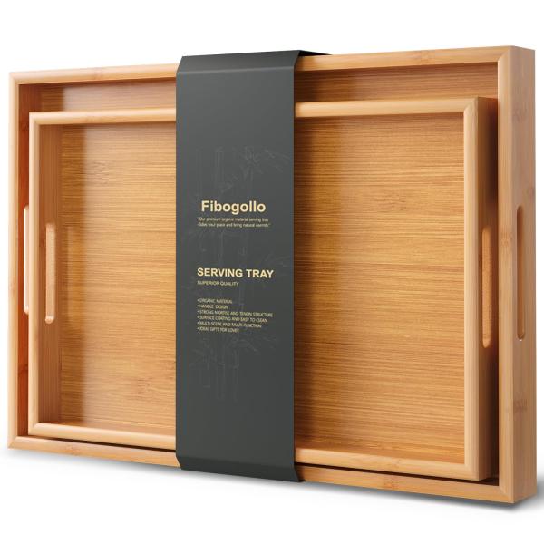 商品名: Fibogollo サービングトレイ ハンドル付き 竹製装飾トレイ プラッター(ナチュラル) Fibogollo Bamboo Set of 2 Serving Tray with Handles,Decorative Trays...