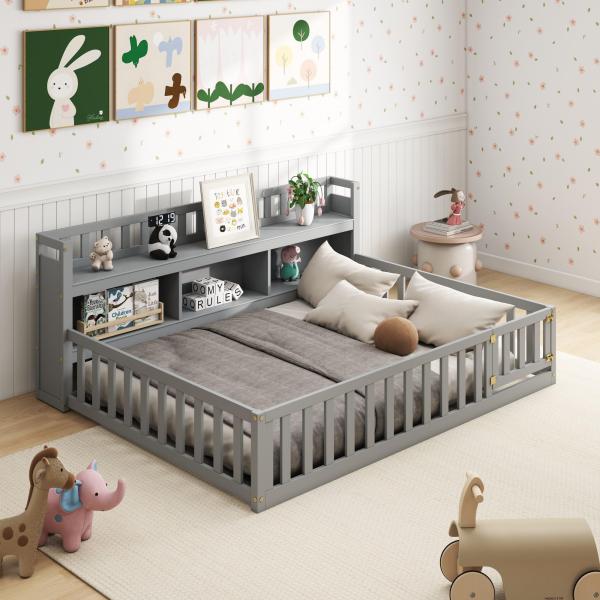 商品名:  Aoowow Full Size Montessori Floor Bed, Kids Full Bed Frame with Bedside Bookcase and Doors, Wood Floor Playhouse w...