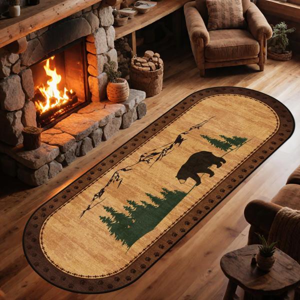 商品名:  Rustic 2x6 Bear Rug, Thickened Non-Slip Brown Oval Runner Rug with Cozy Bears &amp; Cub Scene, Washable Cabin Lodg...