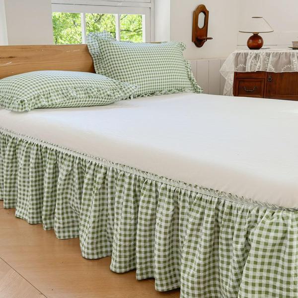 商品名: グリーンギンガムラップアラウンドフリル付きベッドスカート、レース装飾付き、格子柄グリッド調節可能伸縮性ダストラッフルツインベッド用、15インチドロップファームハウスコテージプリーツベッドフレームカバー(グリーンギンガム、ツイン) ...