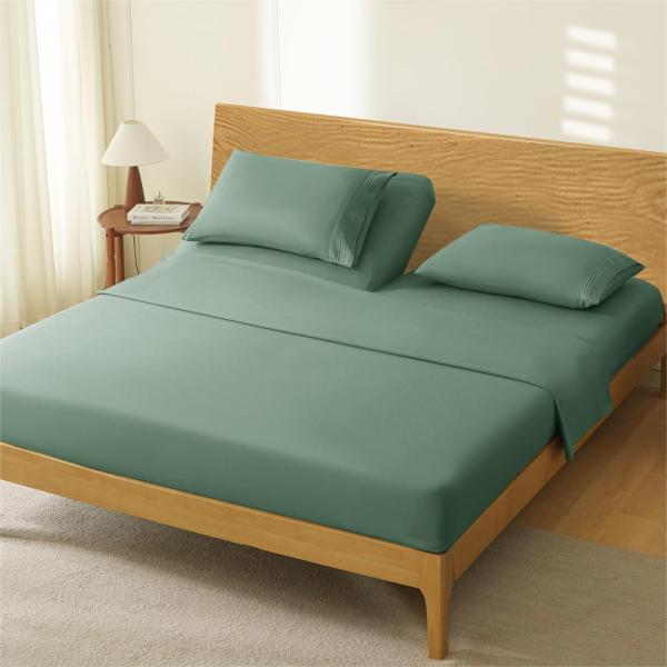 商品名: Manyshofu 4ピース スプリットヘッド カリフォルニアキングシーツセット 調節可能なベッドシーツ、フレックスヘッドスプリットトップカリフォルニアキングシーツ セージグリーンシーツセット - 1800スレッドカウント 寝具セ...