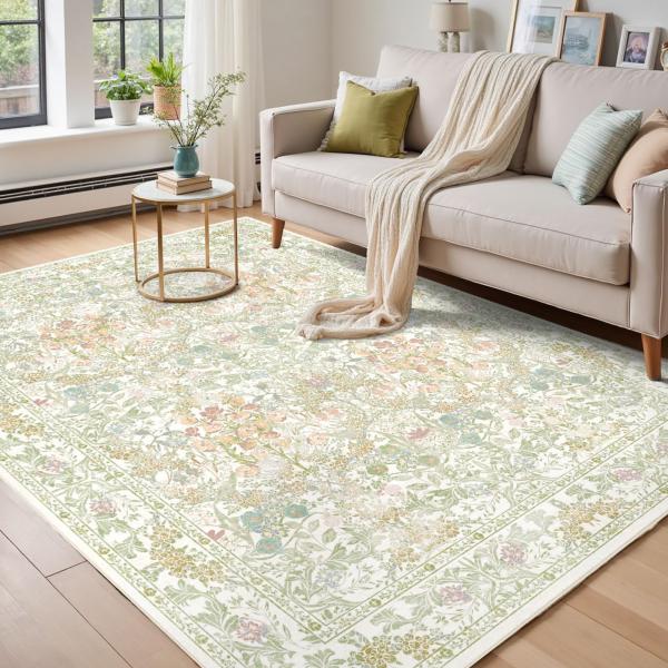 商品名: Farmhouse Sage Green 洗濯可能 保育園ラグ 5x7 フローラル エリアラグ リビングルーム 寝室 ダイニングルーム テーブルの下 ホーム オフィス ローパイル ノンスリップ ボーホー カーペット ソフト コテー...