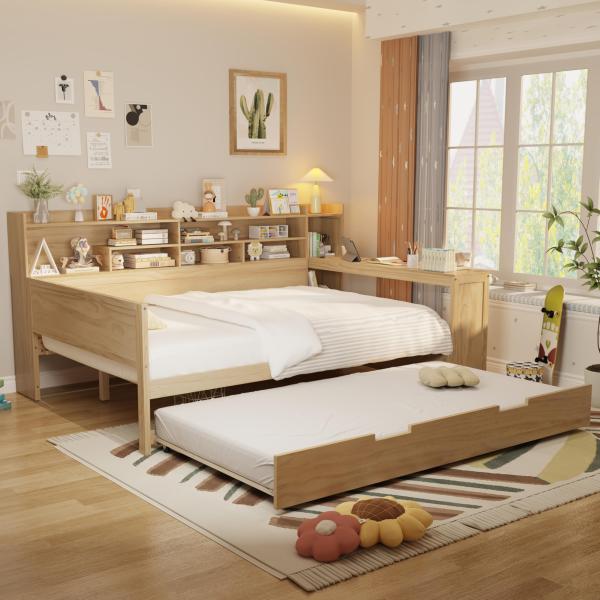 商品名:  HABITRIO Full Size Daybed with Trundle, Wooden Multi-Functional Bed with Storage Shelves and Study Desk, Naturalブラ...