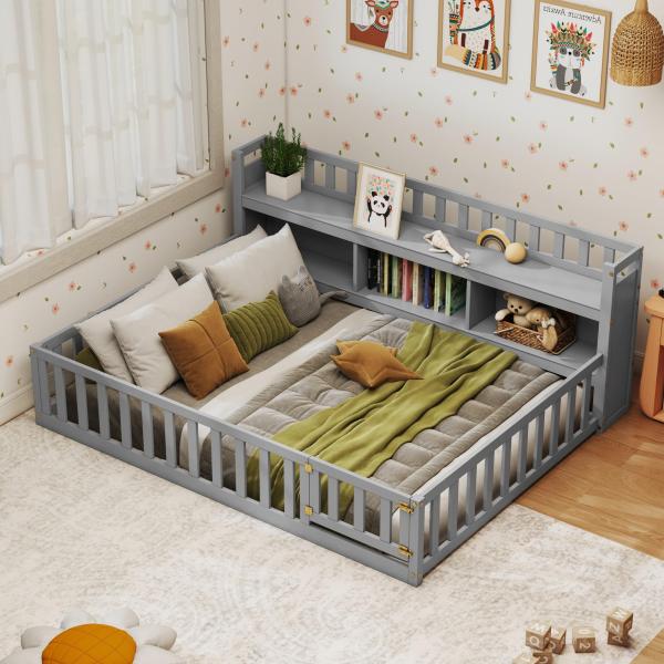 商品名:  HUMEHA Full Size Montessori Floor Bed with Beside Bookcase and Storage Shelves, Kids Full Floor Bed Frame with Doo...