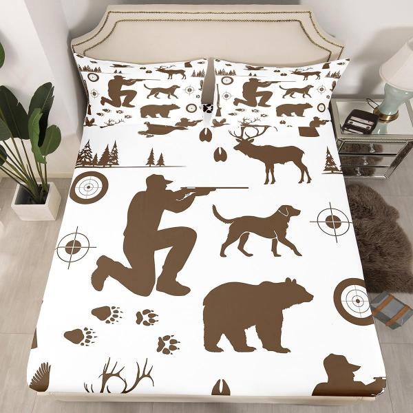 商品名:  Hunting Adventure Fitted Sheet Twin Size,Bear Deer Mallard Wild Animal Mattress Protector with 1 Pillowcase,Brown ...