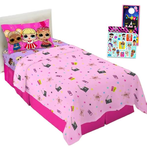 商品名: LOL サプライズ 寝具セット ツインベッド - フラットシート、ボックスシーツ、ツインベッド用両面枕カバーとステッカーのセット | LOL サプライズ ベッドルームデコレーション LOL Surprise Bedding Set...