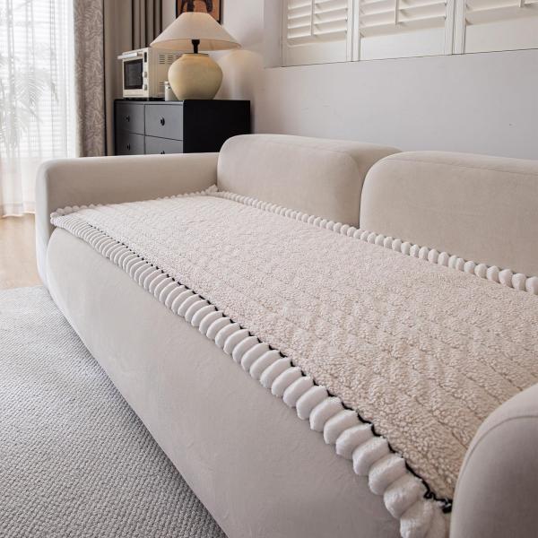 商品名: DREAMINGO ノンスリップ カウチカバー 犬用 ファジー ペット ソファカバー 洗える 厚手 フラシ天 ソファ スリップカバー ストライプ テクスチャー ベージュ クッション プロテクター 犬 猫 ベッドマット 27.6x8...