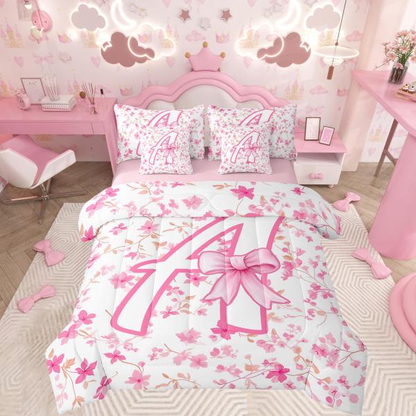 商品名:  Feelyou Girls Cute Pink Bowknot Comforter Set with Sheets Coquette Bow 7 Piece Bedding Set Queen Size for Kids Gir...