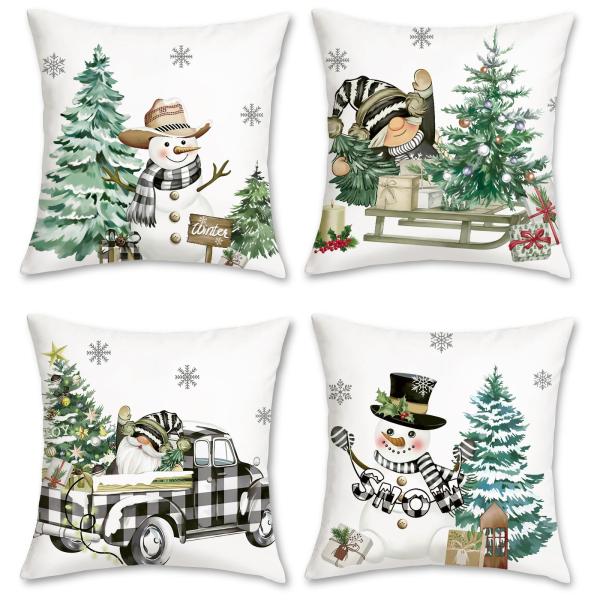 商品名: COZZSNUGE クリスマススローピローカバー、雪だるまノームトラッククリスマスツリー格子縞ベルベット装飾ピローケースソファベッドホームパティオ用4枚セット 18×18インチ COZZSNUGE Winter Throw Pil...