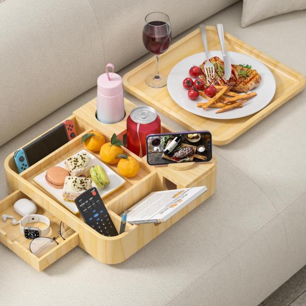 商品名: カップホルダー付きカウチトレイ。 Couch Cup Holder, Couch Tray Cup Holder Sofa Tray, Large Capacity Two-Tier Wooden Trays with Drawe...