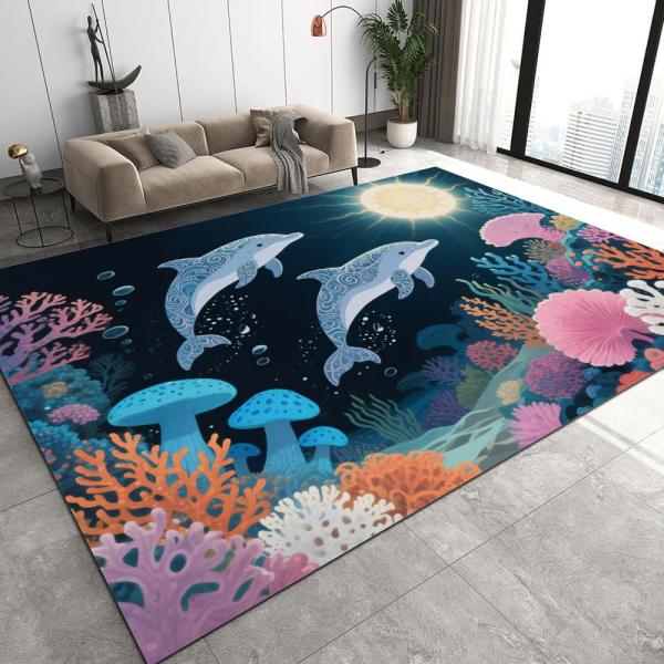 商品名:  Cute Dolphin Creature Area Rugs, 3x5ft, Colorful Ocean Corals 3D Print Non-Slip Carpet, Art Pattern Rug, Fluffy Th...