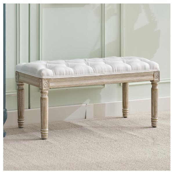 商品名:  UDAX Linen Entryway Bench, Upholstered Button End of Bed Bench, Vintage Bench with Carving Pattern Wood Legs, Vani...