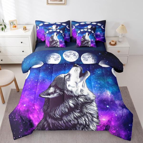 商品名: Erosebridal ハウリングウルフフルサイズベッドシーツと掛け布団セット、ブルーパープル星空ギャラクシー寝具7点セット星エキゾチックムーンベッドバッグ入り、西洋野生動物ベッドセット Erosebridal Howling W...