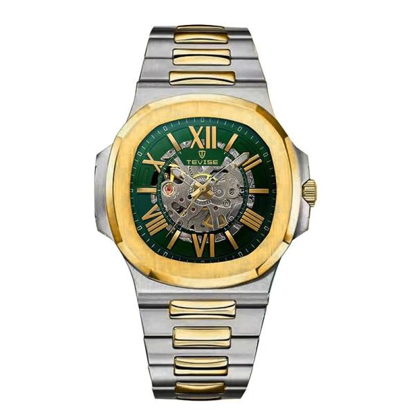商品名:  Men's Automatic Mechanical Watch, Silver Stainless Steel Band, Blue Roman Numerals, Skeleton Dial (Two-Tone Green ...