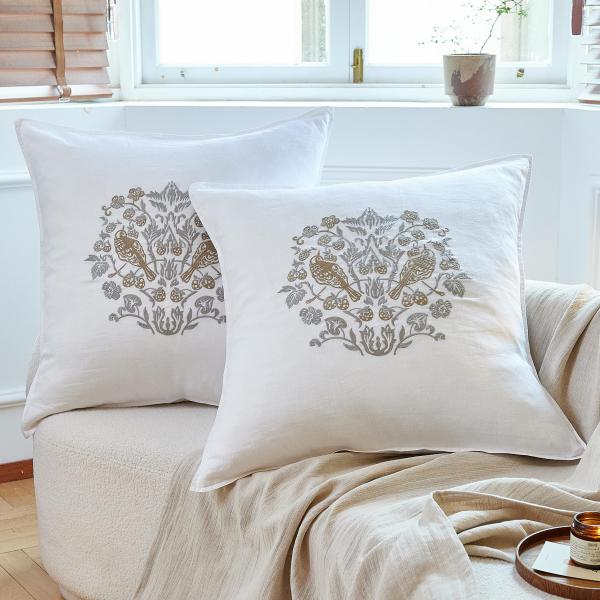 商品名:  Simple&amp;Opulence 100% Linen Euro Shams 26'' x 26'' Pack of 2, Embroidery Rosefinch Design Natural Flax Farmhous...