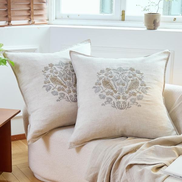 商品名:  Simple&amp;Opulence 100% Linen Euro Shams 26'' x 26'' Pack of 2, Embroidery Rosefinch Design Natural Flax Farmhous...
