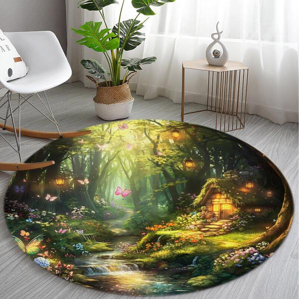 商品名:  Fantasy Forest Round Area Rug Fairy Magical Enchanted Forest Waterfall Butterfly Garden Wonderland Nature for Entr...
