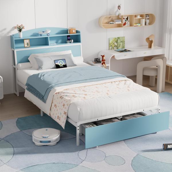 商品名:  Twin Bed Frame with Storage Headboard &amp; Drawer, 3-in-1 Charging Station, Sturdy Metal Frame, No Box Spring Nee...