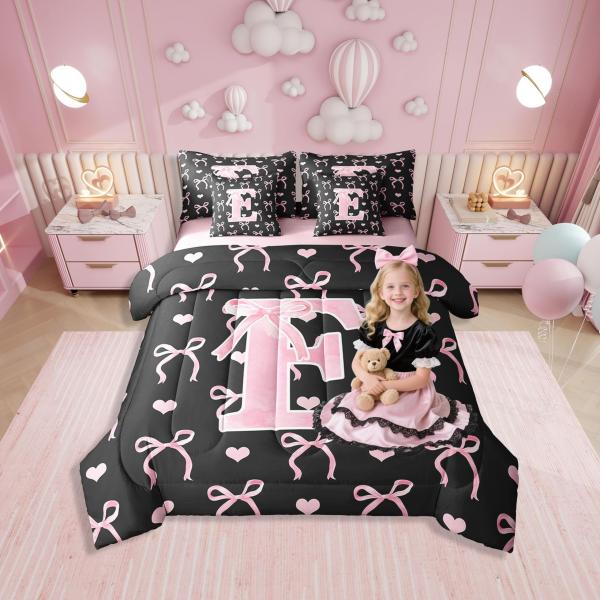 商品名: Erosebridal ブラック ピンク レター E セット シーツ付き フルサイズ キッズ ガールズ スウィート プリンセス スタイル 7 ピース 寝具セット かわいい アルファベット 美的 愛 ハート 蝶ネクタイ オールシーズ...