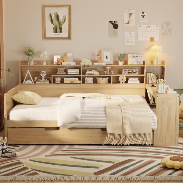 商品名:  Merax Wooden Full Size Daybed with Storage Shelves, Multi-Functional Bed with Twin Size Trundle Bed and Study Desk...